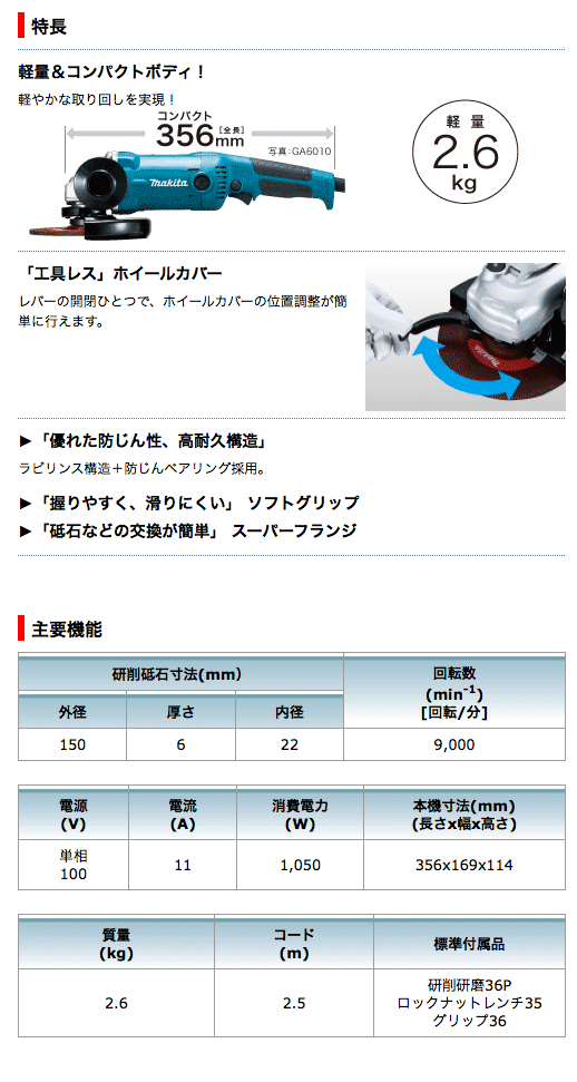 タナカ金物プロ-マキタ GA6010 ディスクグラインダ 150mm GA6010【正規販売店の公式サイト】